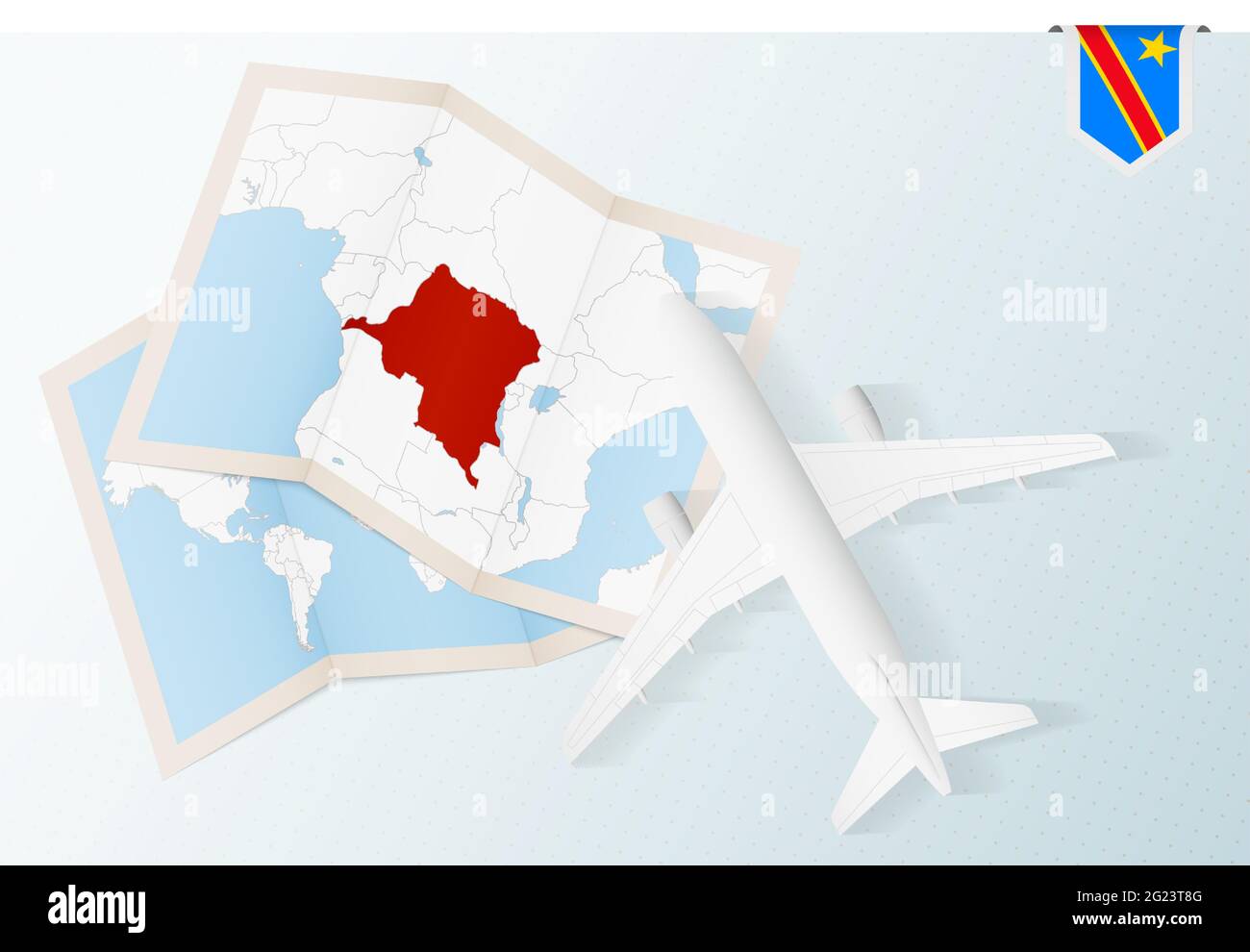 Travel to DR Congo, top view airplane with map and flag of DR Congo ...