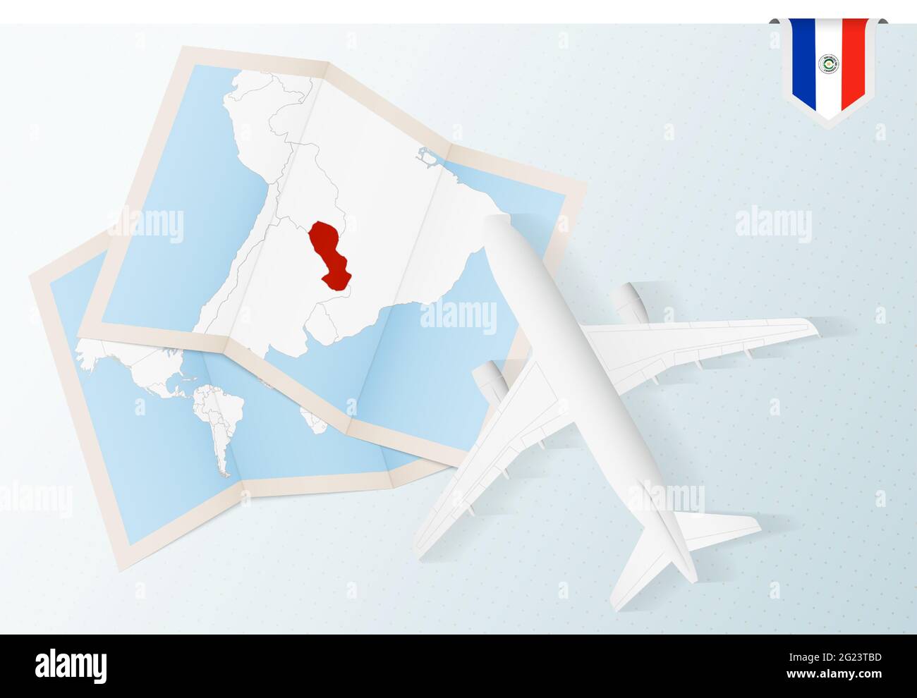 Travel to Paraguay, top view airplane with map and flag of Paraguay ...