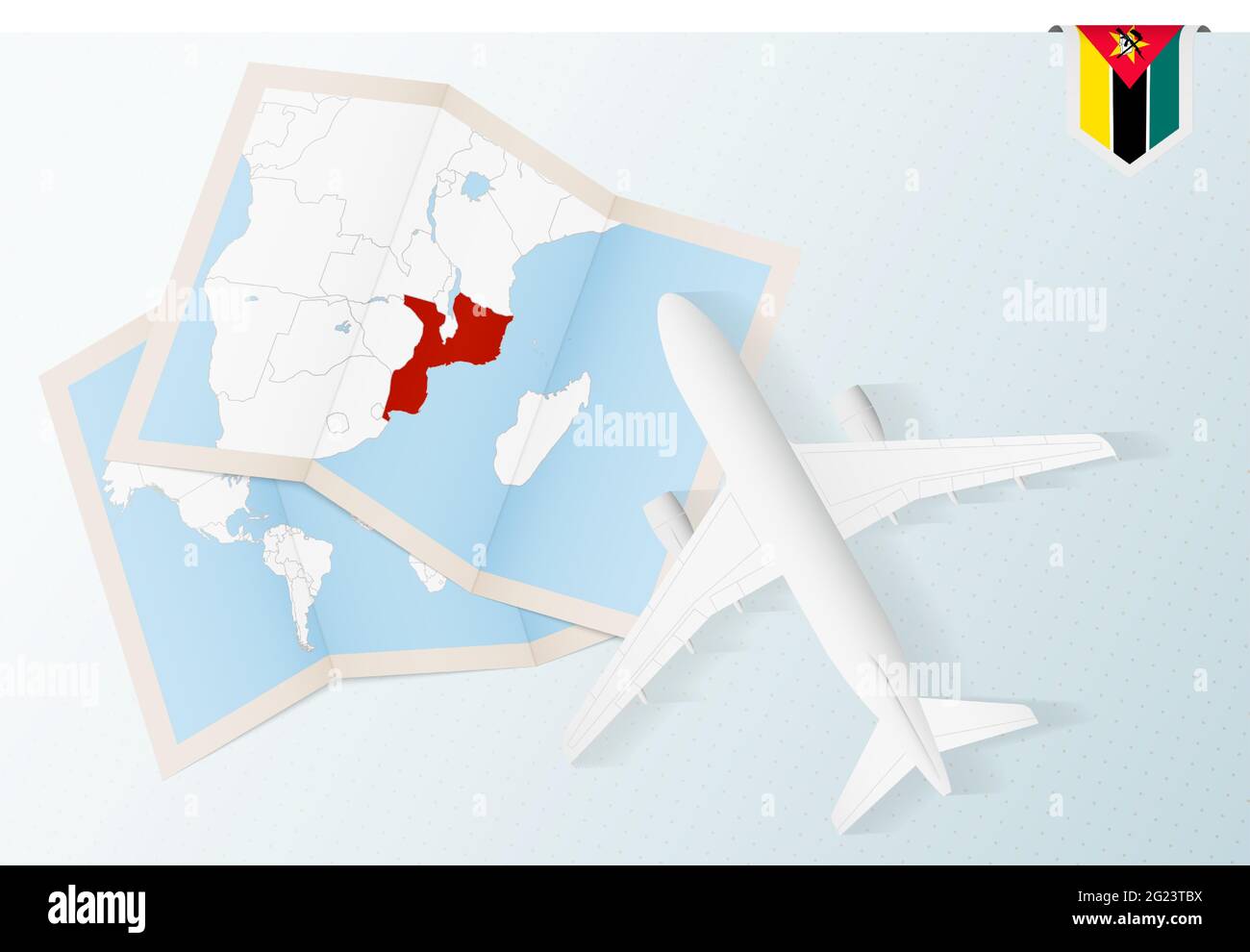 Travel to Mozambique, top view airplane with map and flag of Mozambique ...