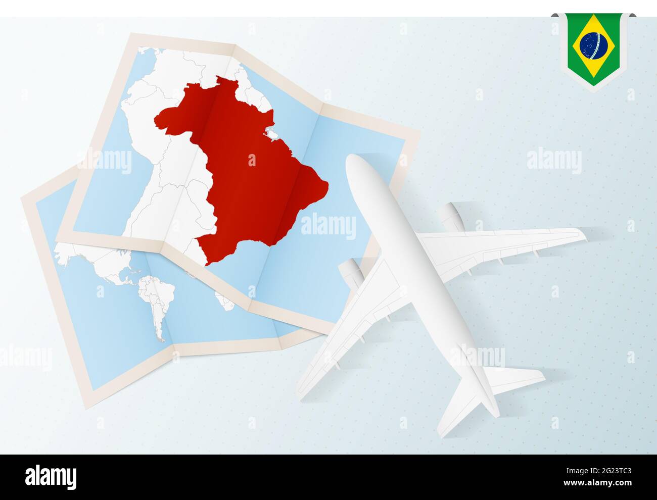 Travel to Brazil, top view airplane with map and flag of Brazil. Travel ...