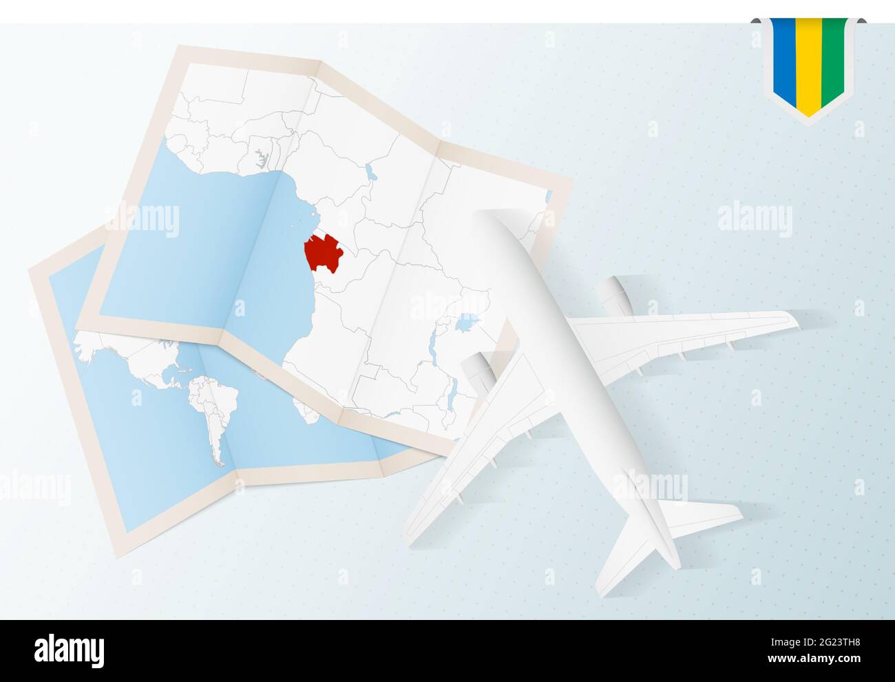 Travel to Gabon, top view airplane with map and flag of Gabon. Travel ...