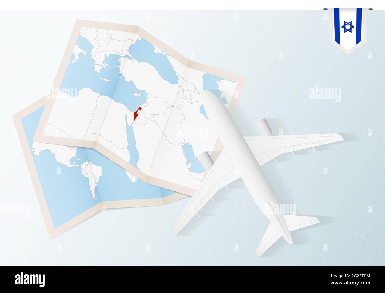 Travel to Israel, top view airplane with map and flag of Israel. Travel ...