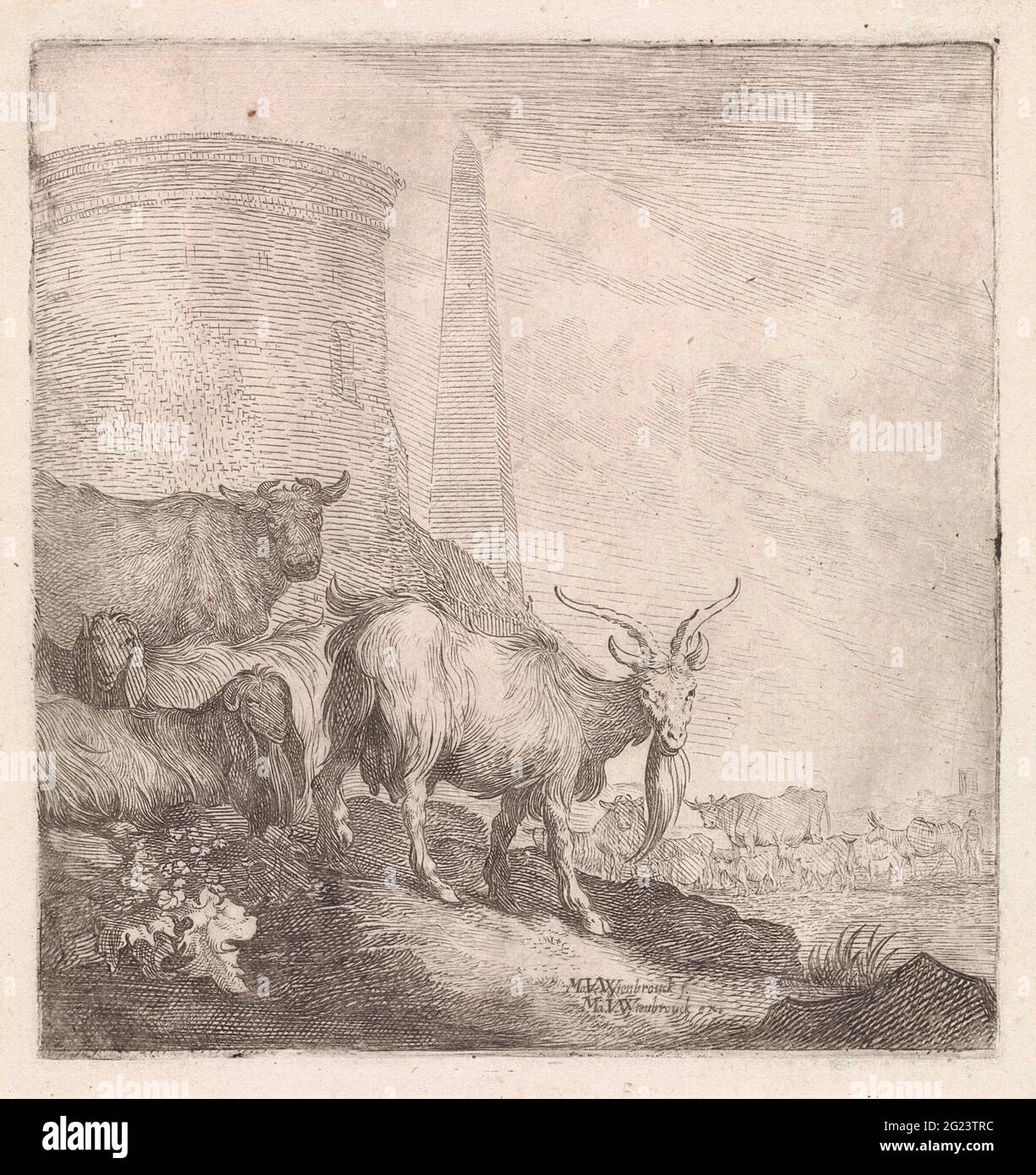 Goats and cows at a round tower with an obelisk; Four-footed animals ...