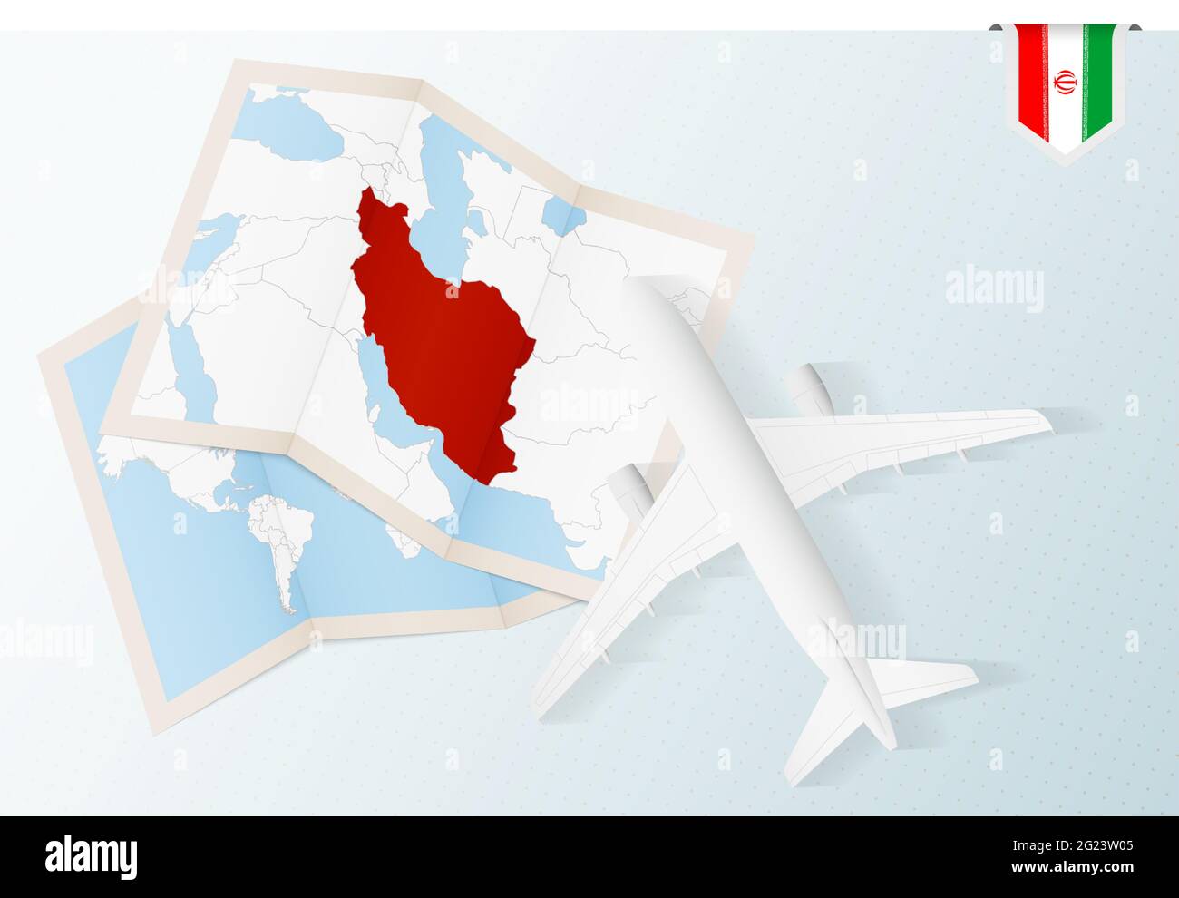 Travel to Iran, top view airplane with map and flag of Iran. Travel and ...