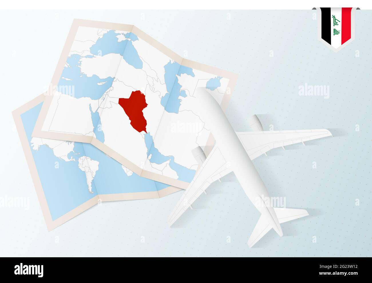 Travel to Iraq, top view airplane with map and flag of Iraq. Travel and ...