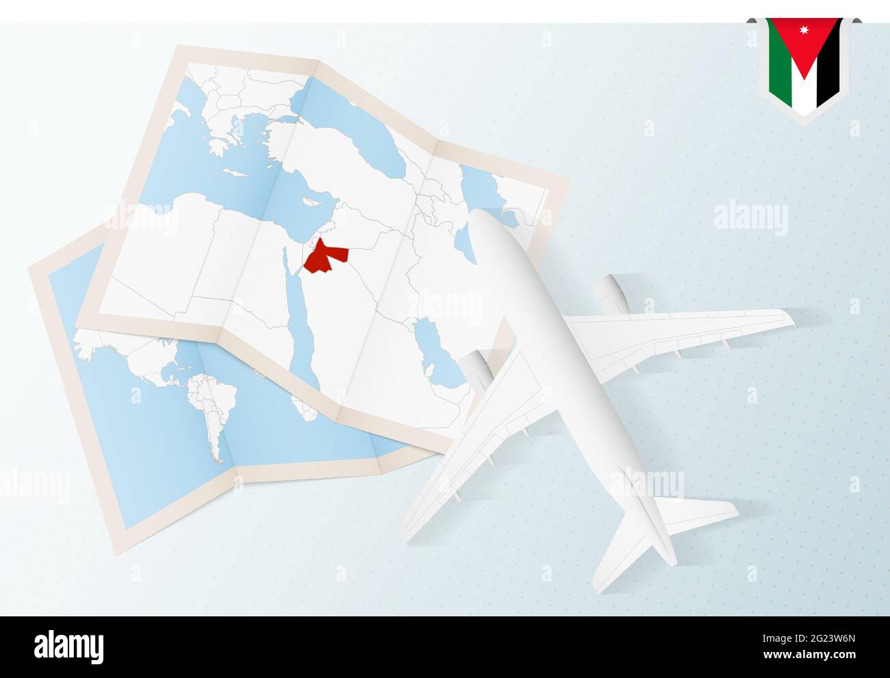 Travel to Jordan, top view airplane with map and flag of Jordan. Travel ...
