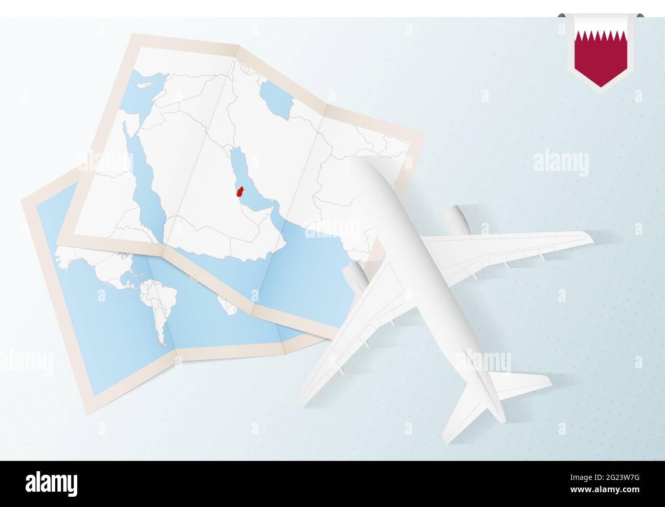Travel to Qatar, top view airplane with map and flag of Qatar. Travel ...