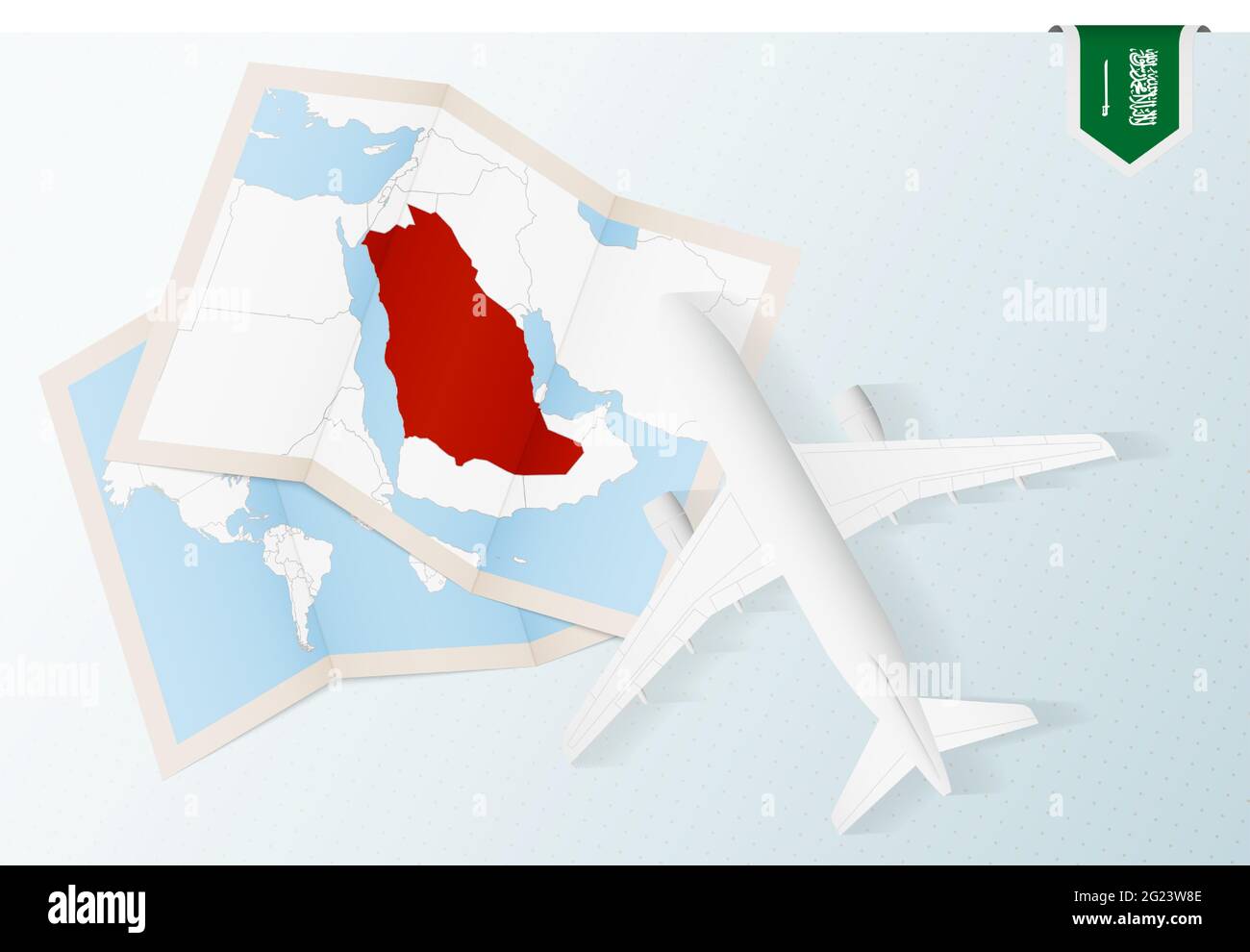 Travel to Saudi Arabia, top view airplane with map and flag of Saudi ...