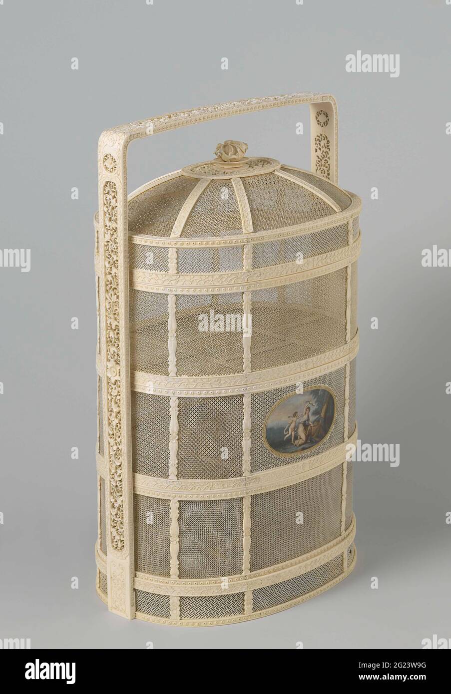 High ivory stack box with openwork panels and two painted medallions ...