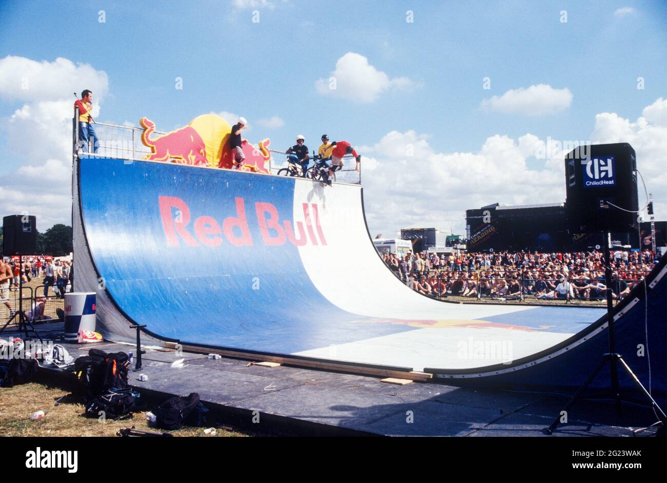 The Red Bull skateboard half pipe at the Reading Festival 2002 Stock ...