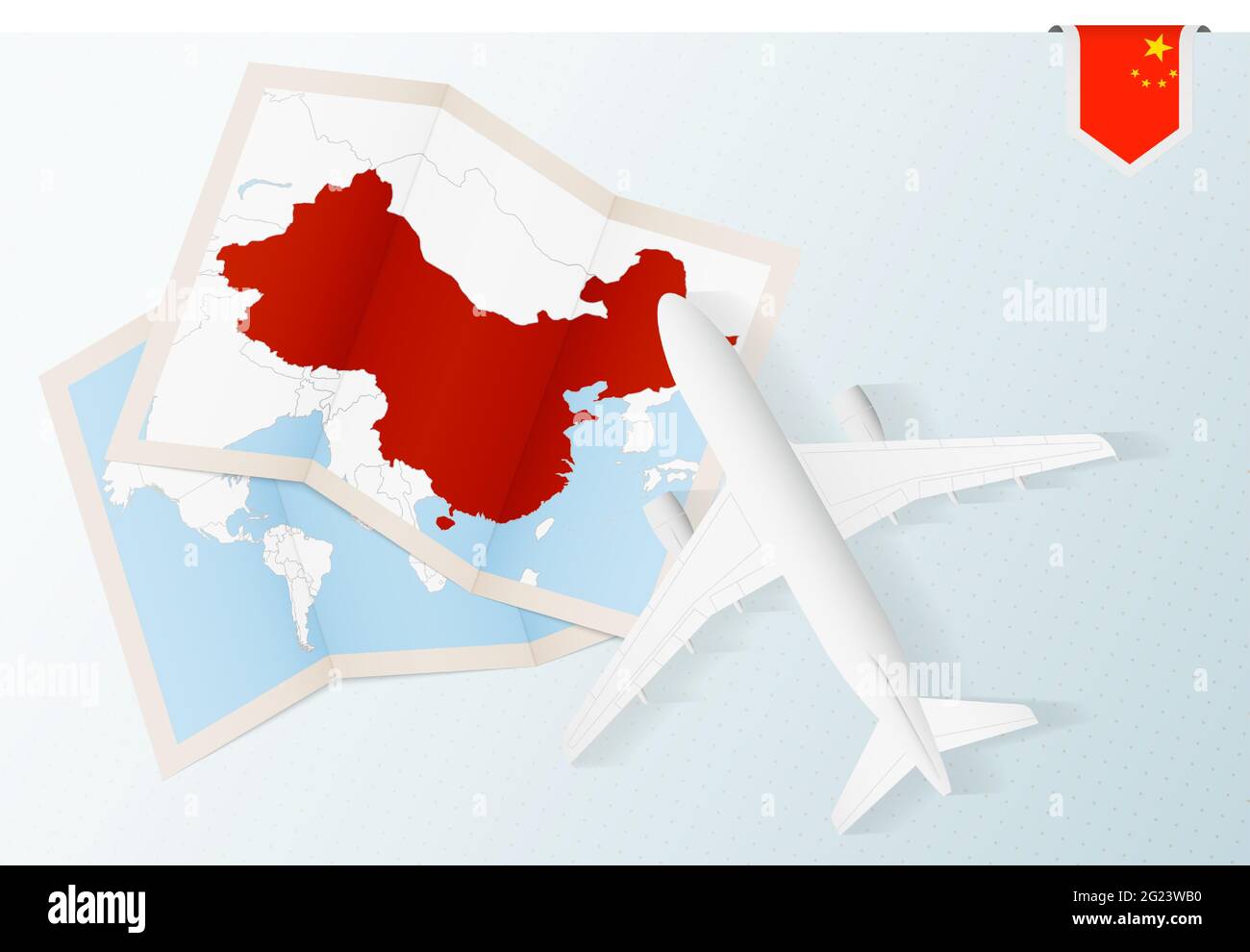 Travel to China, top view airplane with map and flag of China. Travel ...