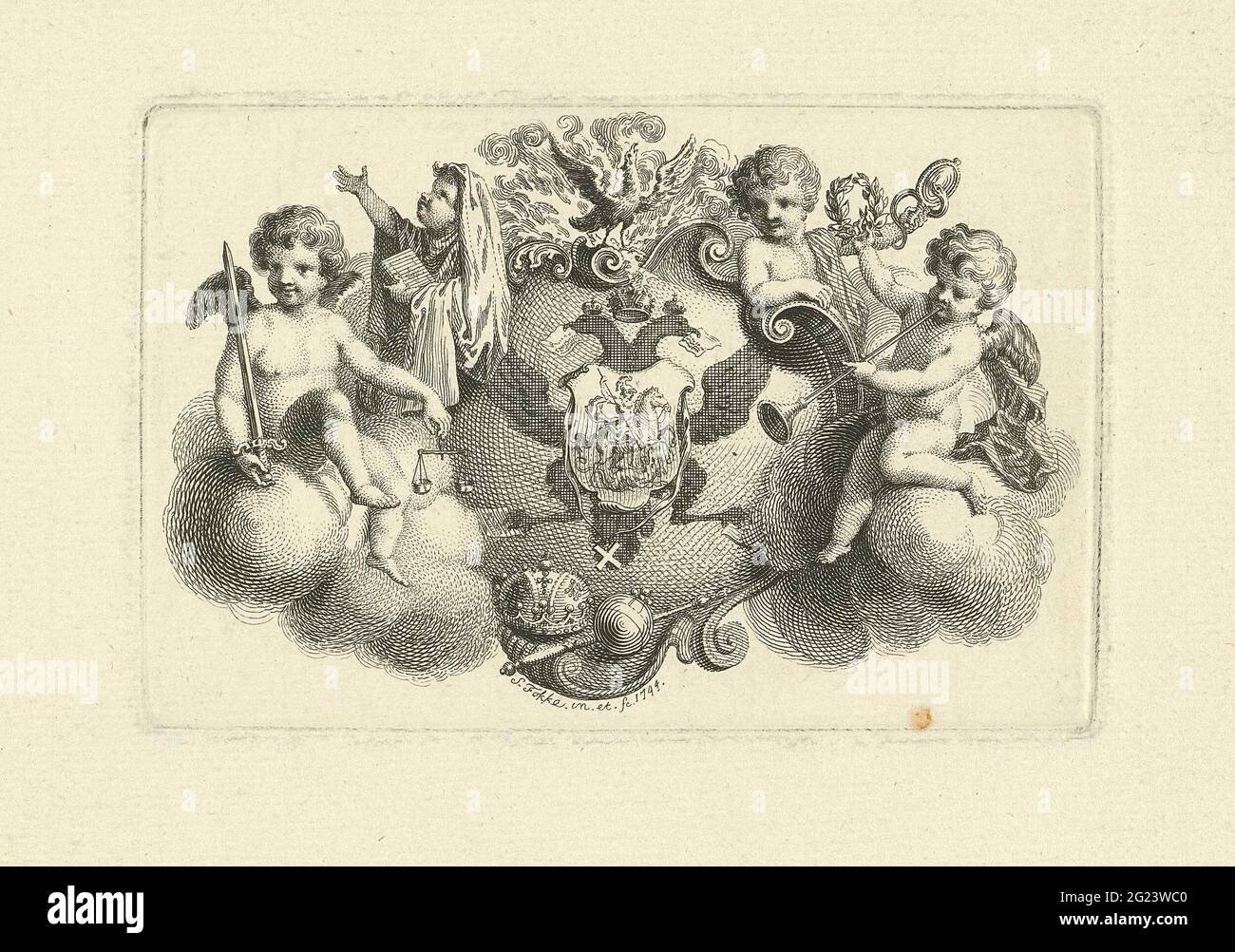 Putti around a crowned coat of arms. Four putti sit on clouds around a ...