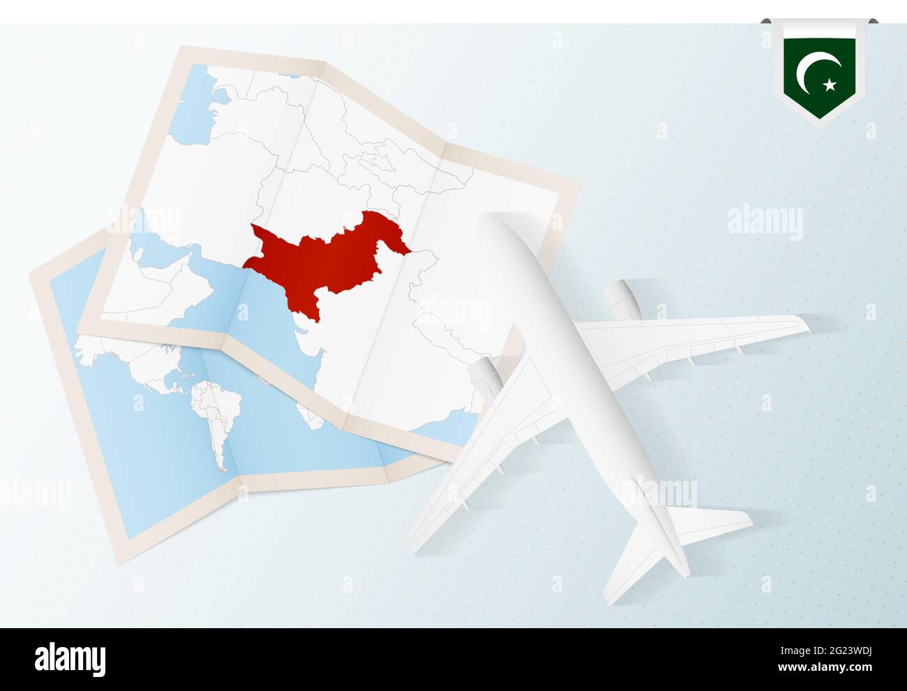 Travel to Pakistan, top view airplane with map and flag of Pakistan ...