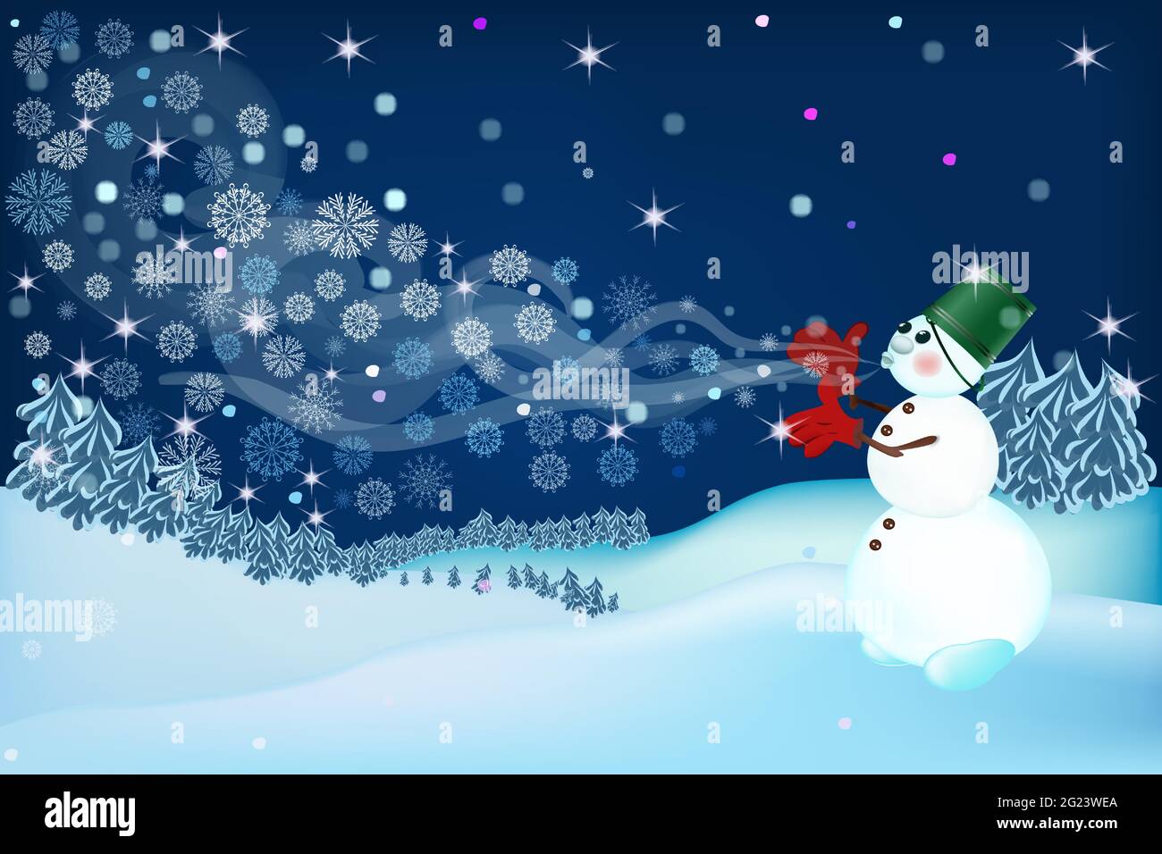 A snowman blowing cool snowflakes and making a Blizzard and wind ...
