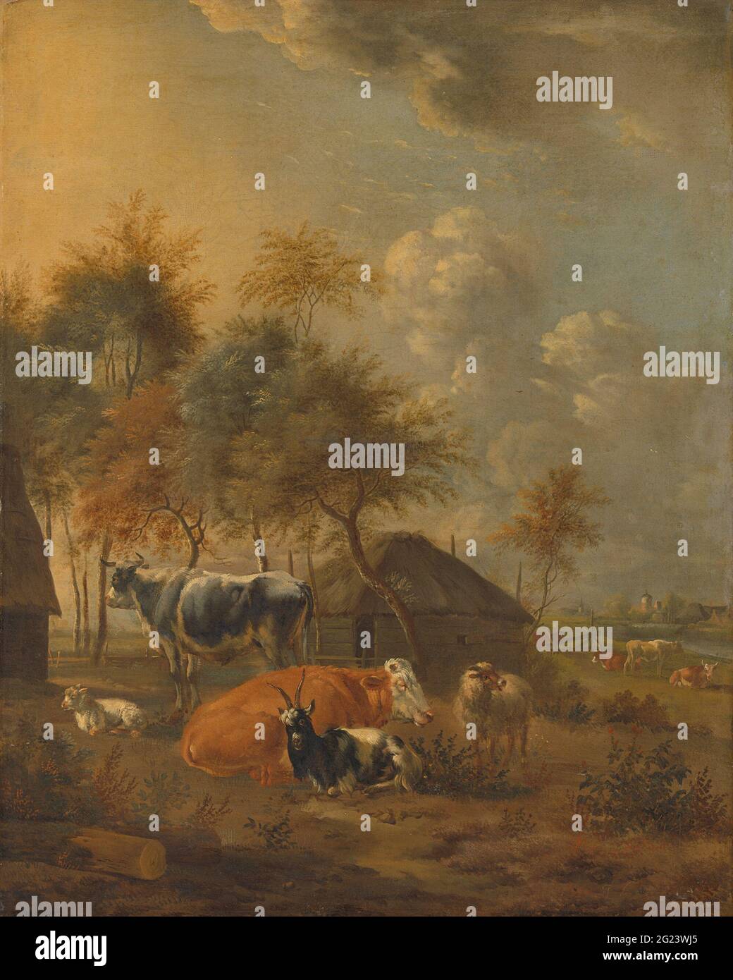 Landscape with Animals. Landscape with cattle. Cows, goats and sheep on ...