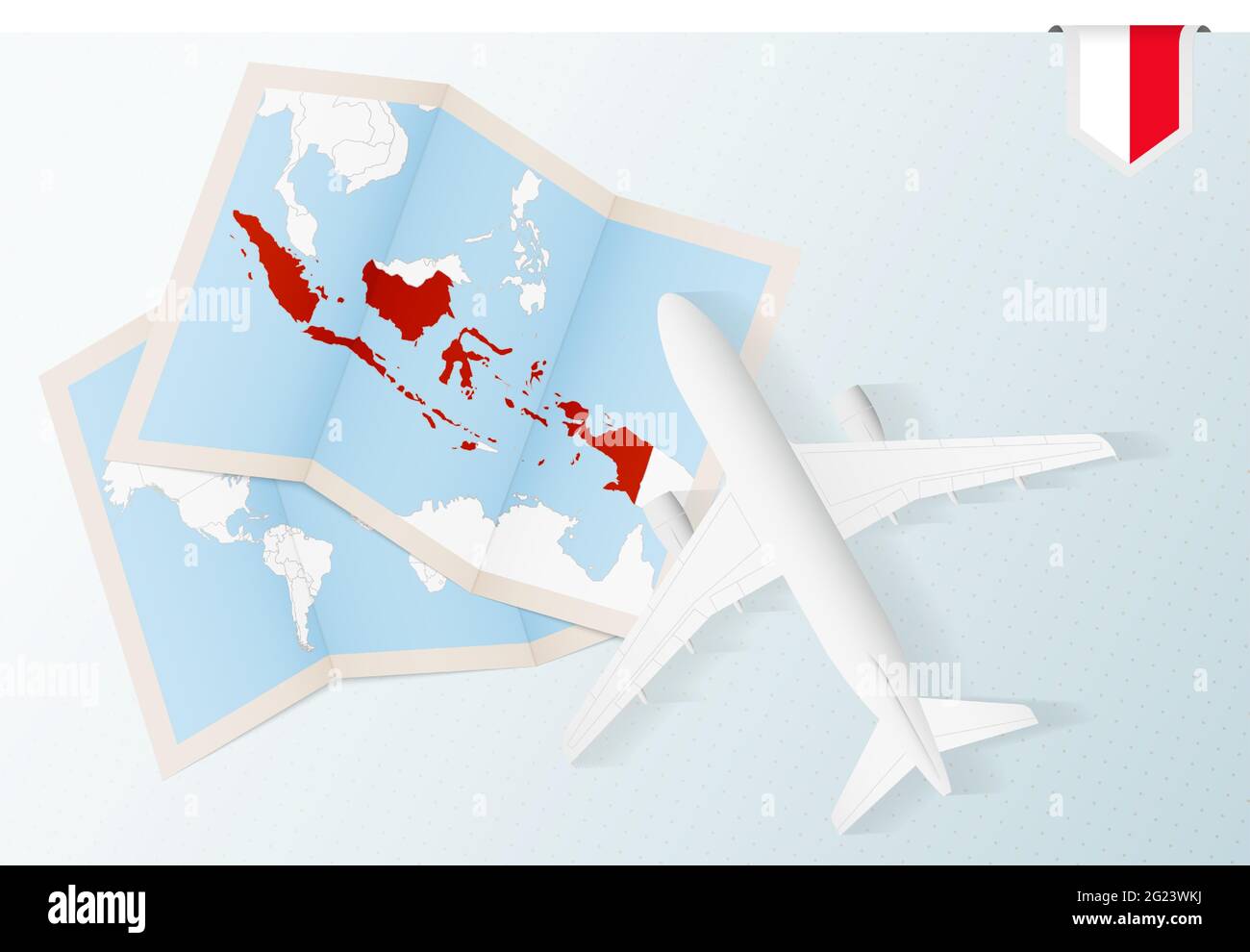 Travel to Indonesia, top view airplane with map and flag of Indonesia ...