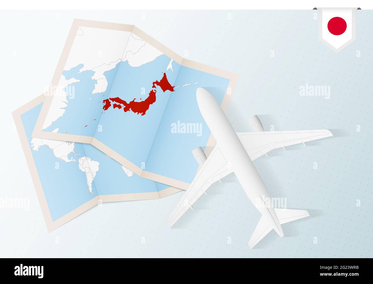Travel to Japan, top view airplane with map and flag of Japan. Travel ...