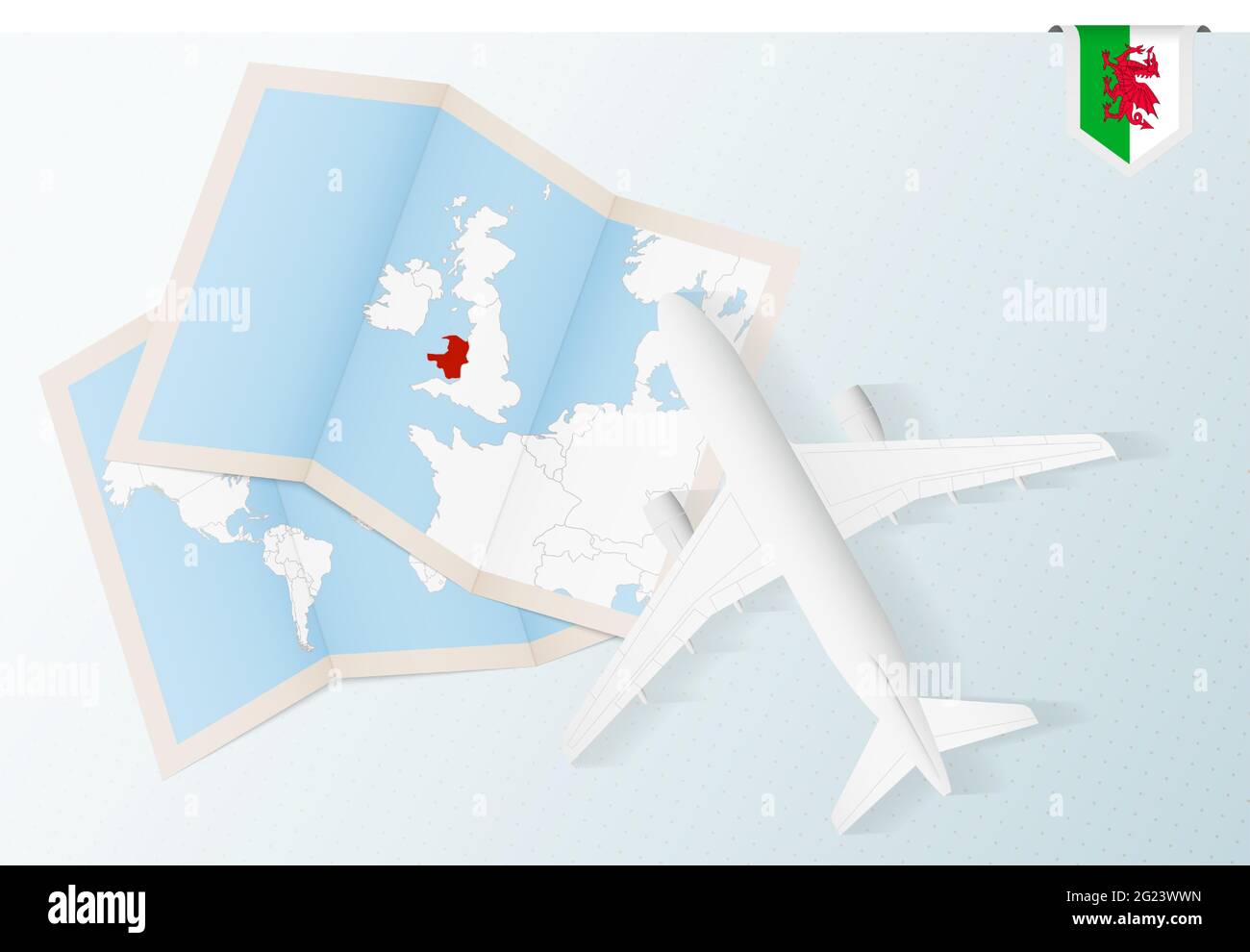 Travel to Wales, top view airplane with map and flag of Wales. Travel ...