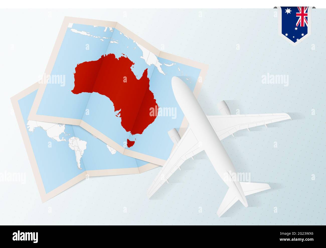 Travel to Australia, top view airplane with map and flag of Australia ...