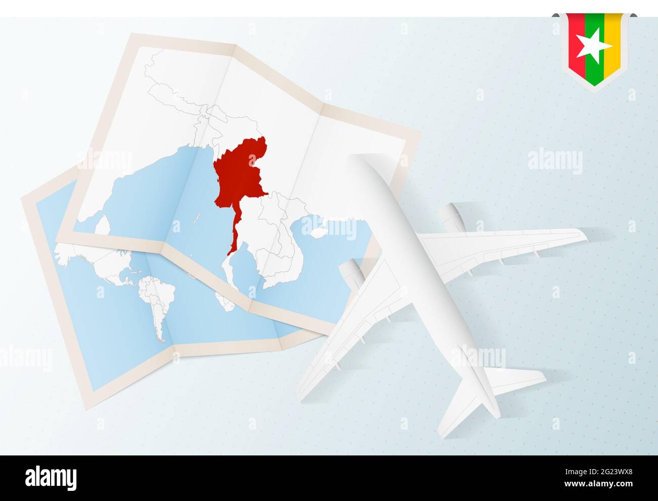 Travel to Myanmar, top view airplane with map and flag of Myanmar ...
