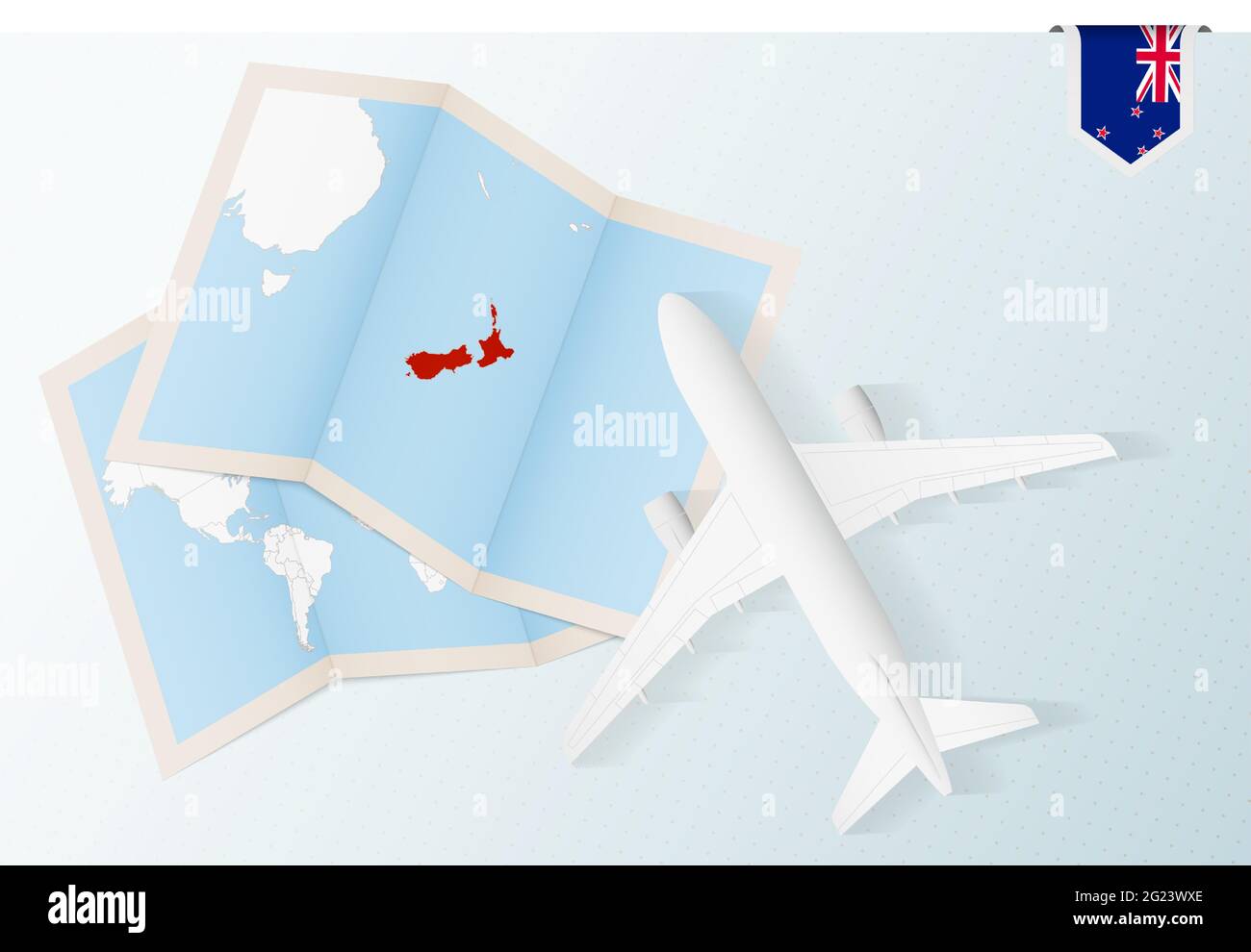 Travel to New Zealand, top view airplane with map and flag of New ...