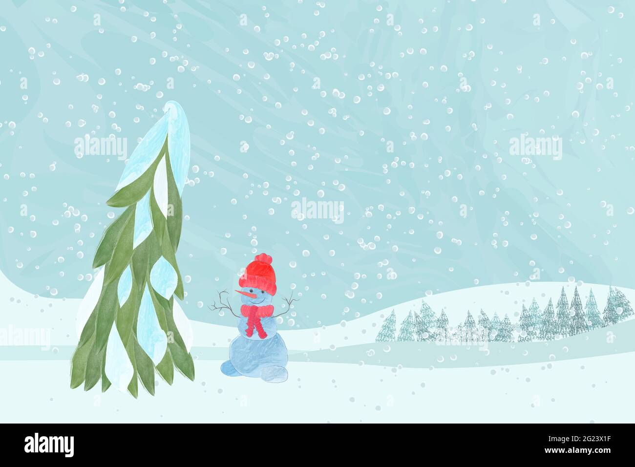 Snowman and Christmas tree under the snowfall. Vector illustration in ...