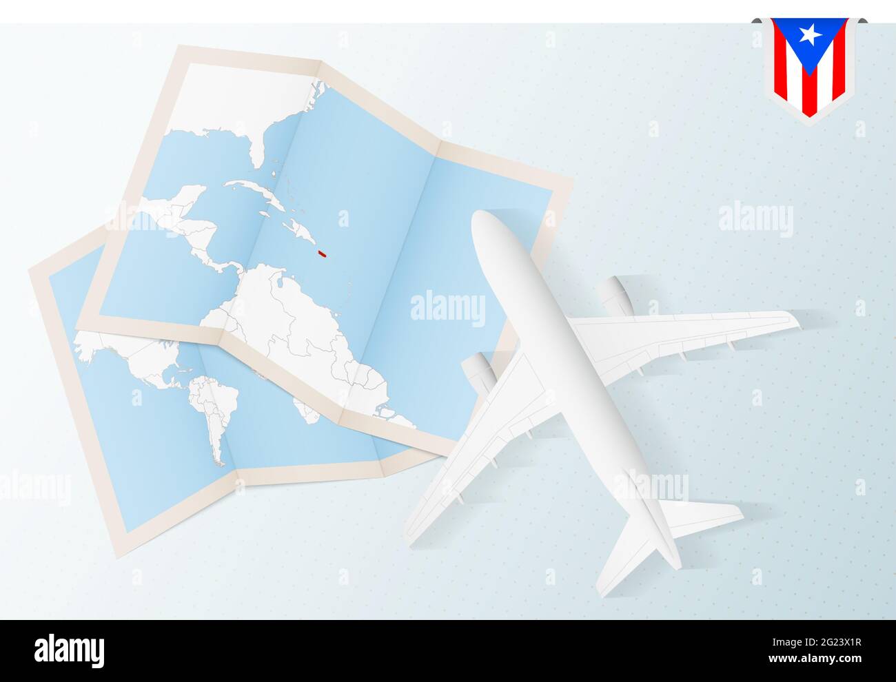 Travel to Puerto Rico, top view airplane with map and flag of Puerto ...