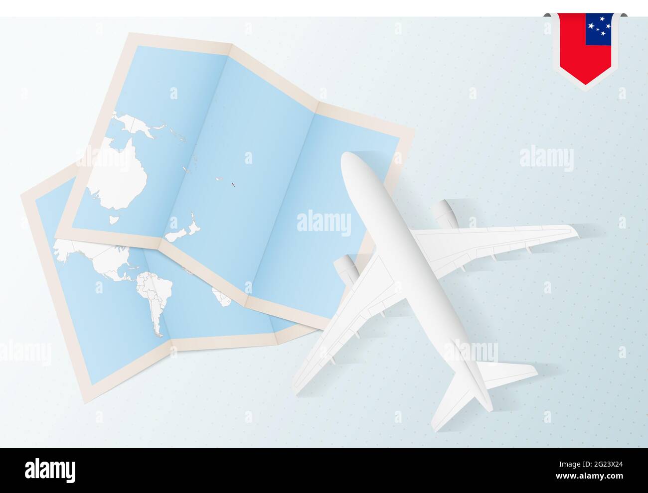 Travel to Samoa, top view airplane with map and flag of Samoa. Travel ...