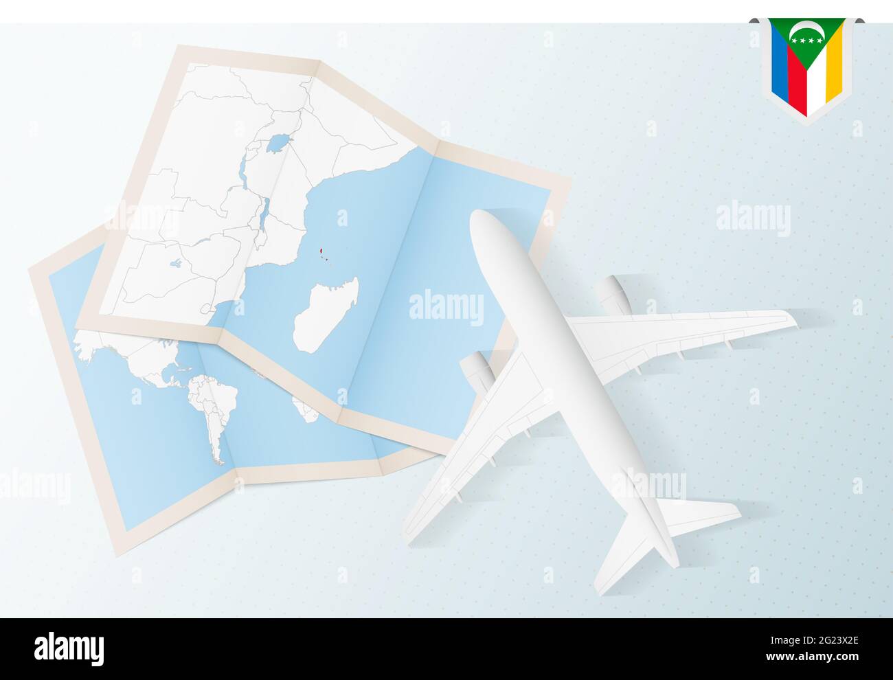 Travel to Comoros, top view airplane with map and flag of Comoros ...