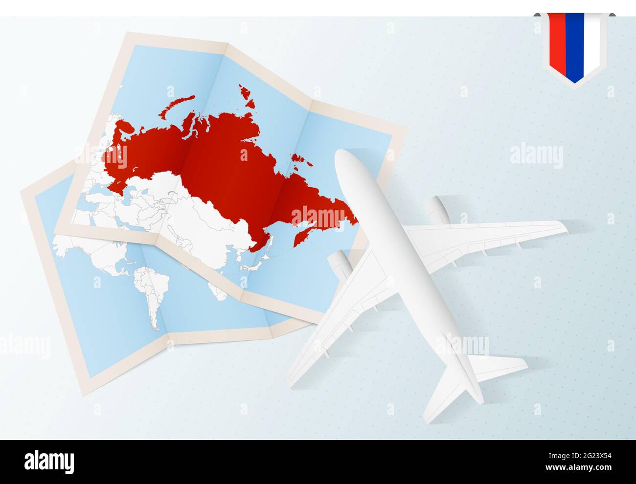 Travel to Russia, top view airplane with map and flag of Russia. Travel ...