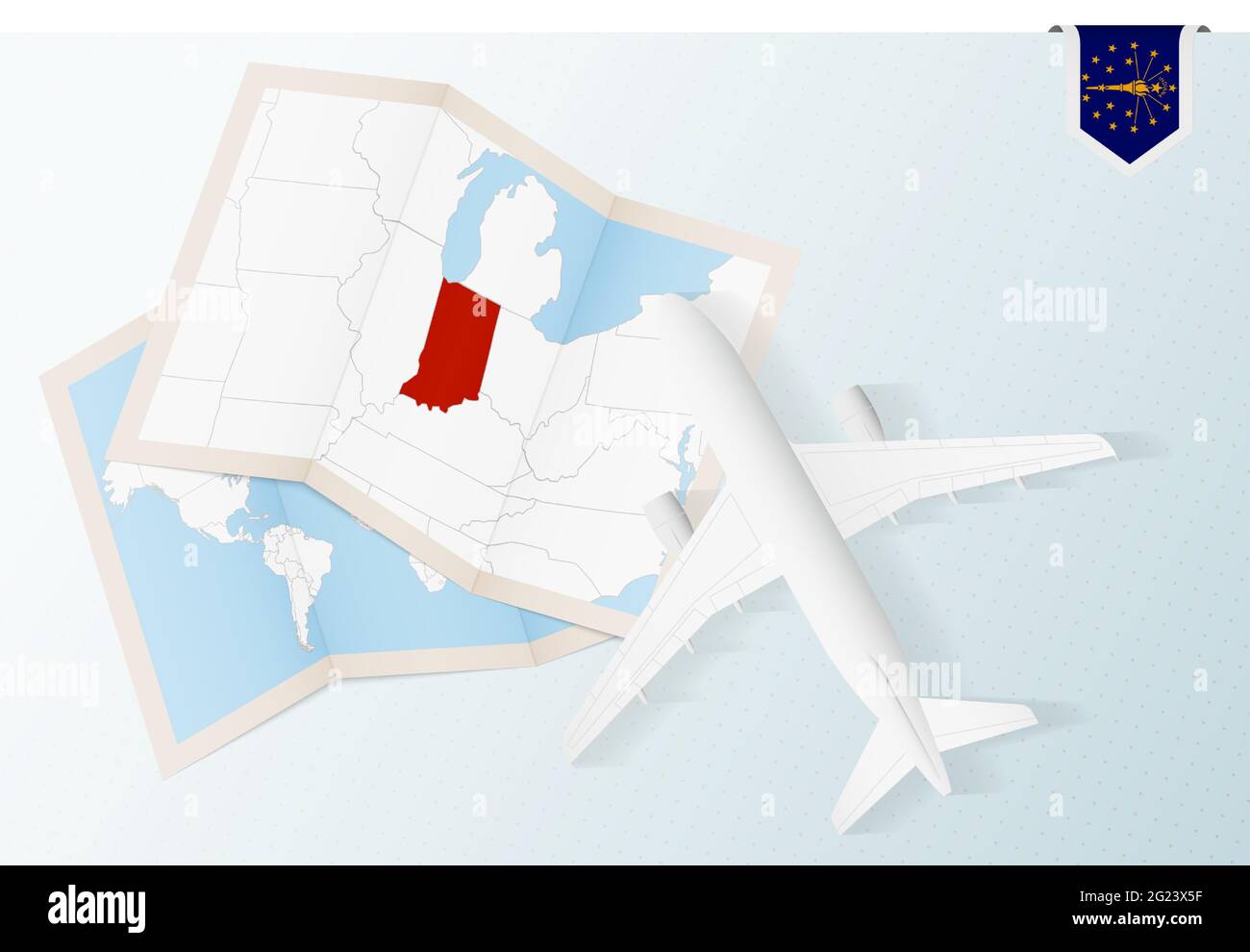 Travel to Indiana, top view airplane with map and flag of Indiana ...