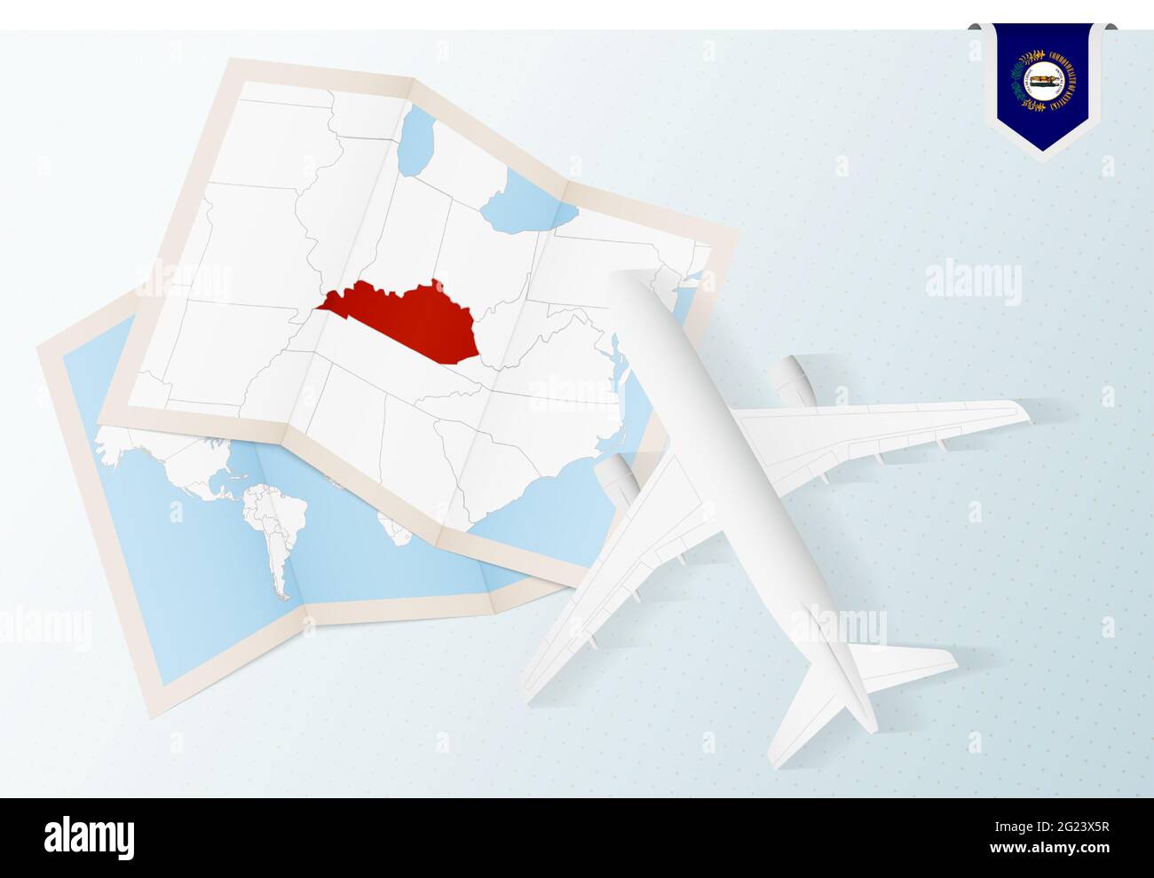 Travel to Kentucky, top view airplane with map and flag of Kentucky ...