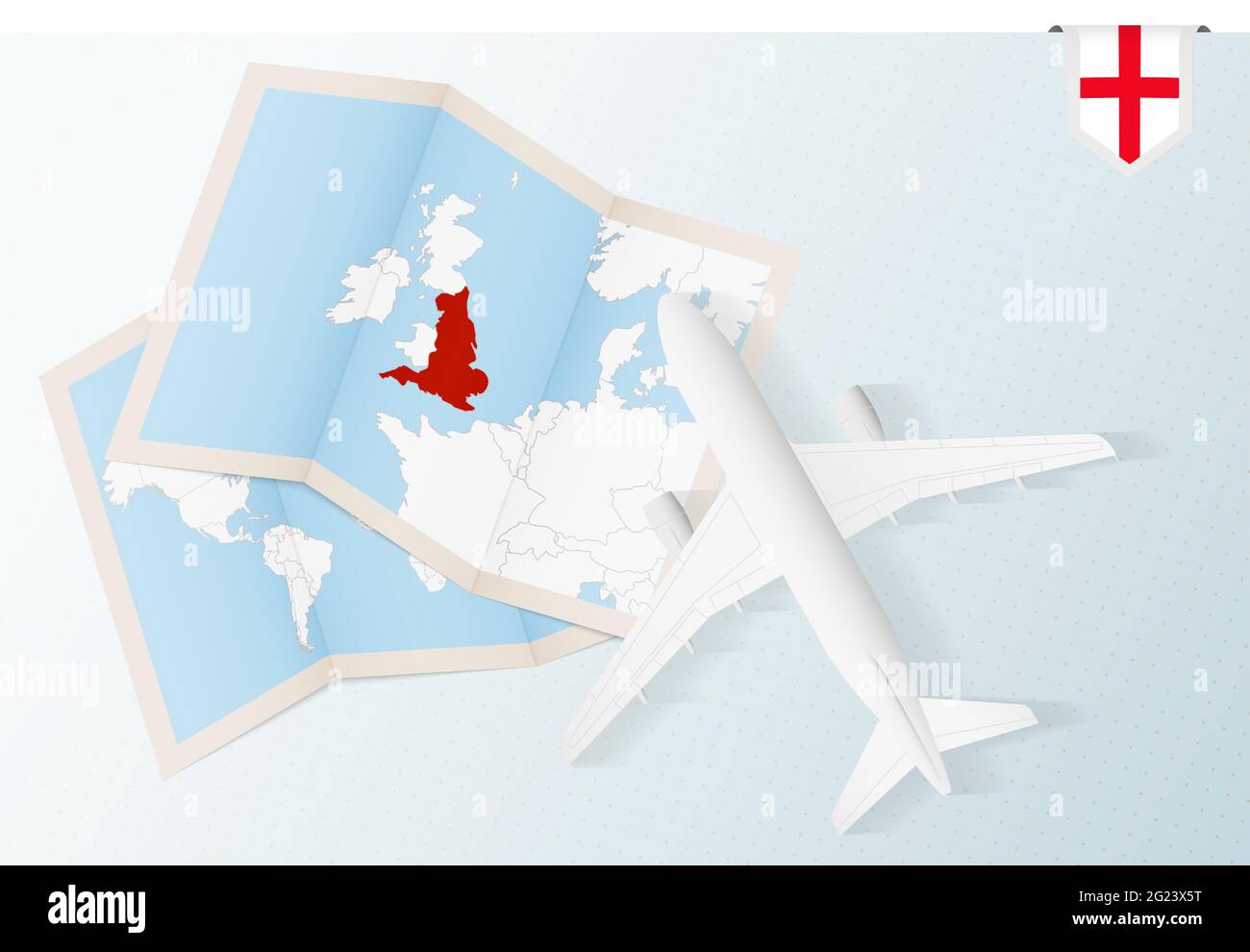 Travel to England, top view airplane with map and flag of England ...