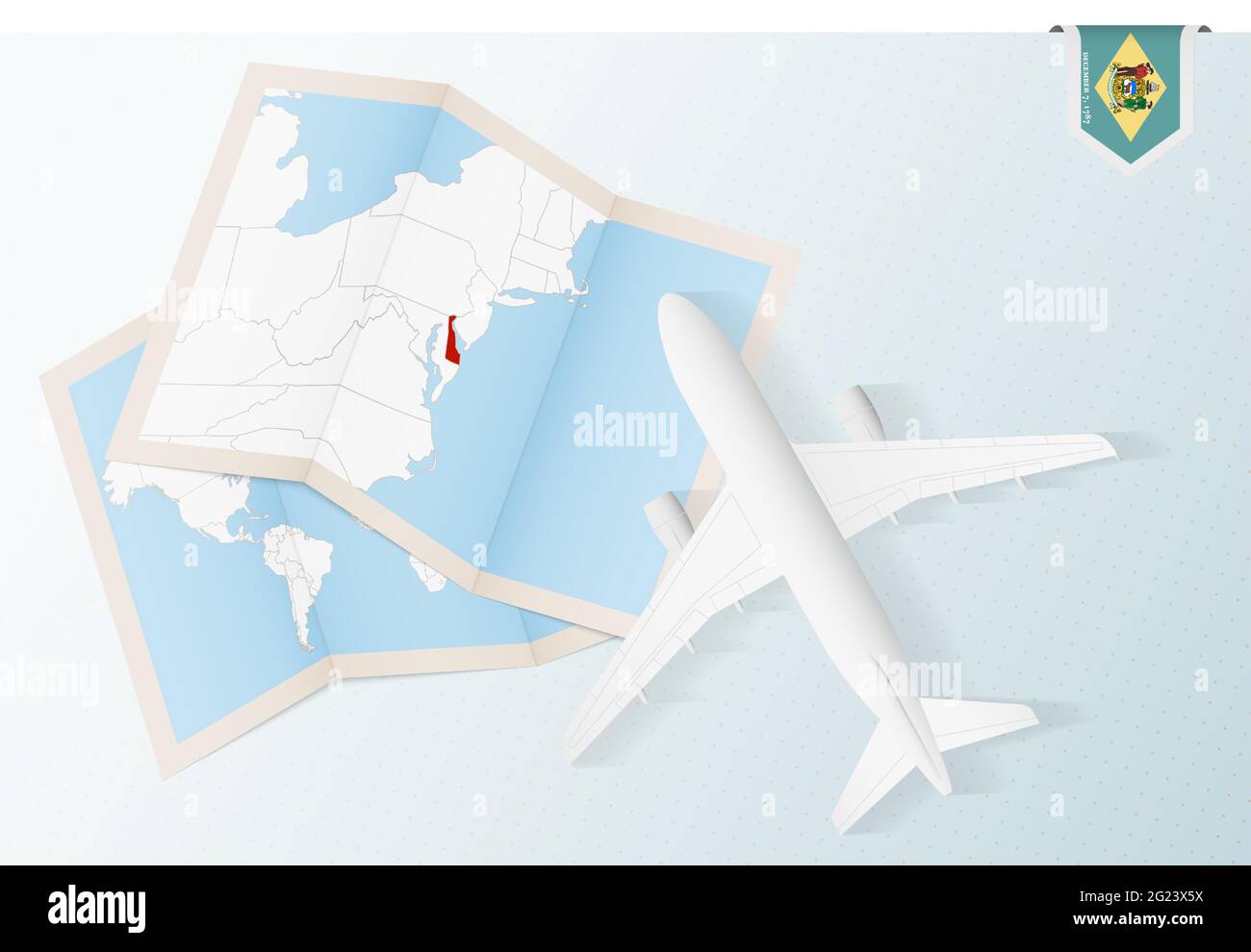 Travel to Delaware, top view airplane with map and flag of Delaware ...