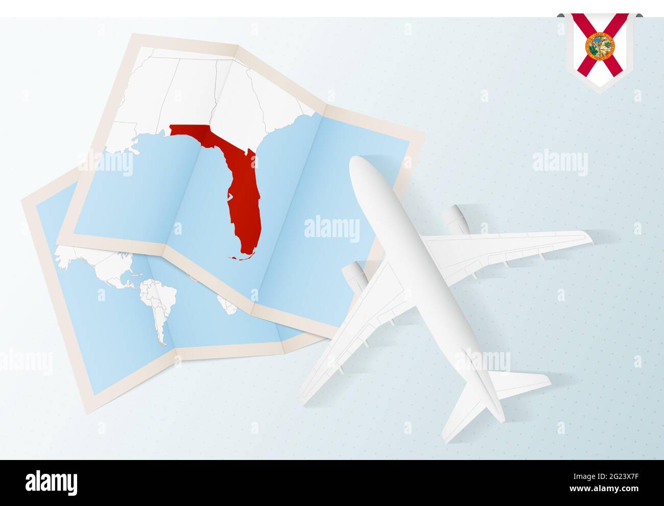 Travel to Florida, top view airplane with map and flag of Florida ...
