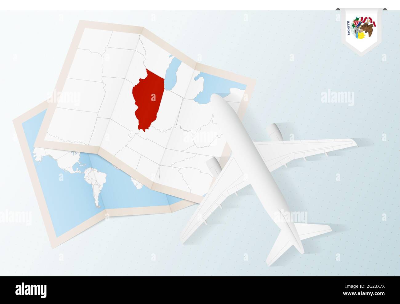 Travel to Illinois, top view airplane with map and flag of Illinois ...