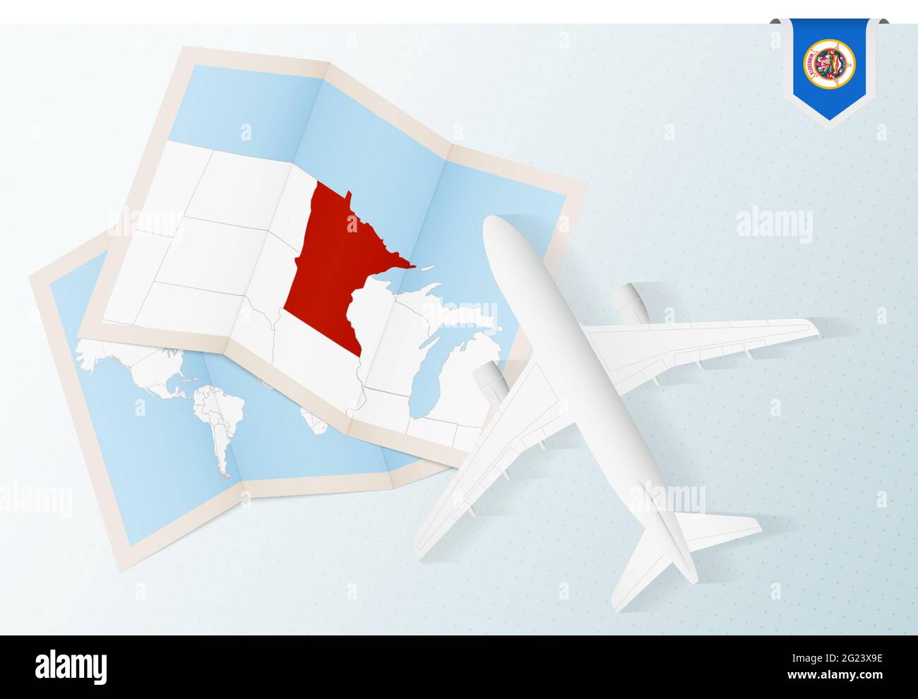 Travel to Minnesota, top view airplane with map and flag of Minnesota ...