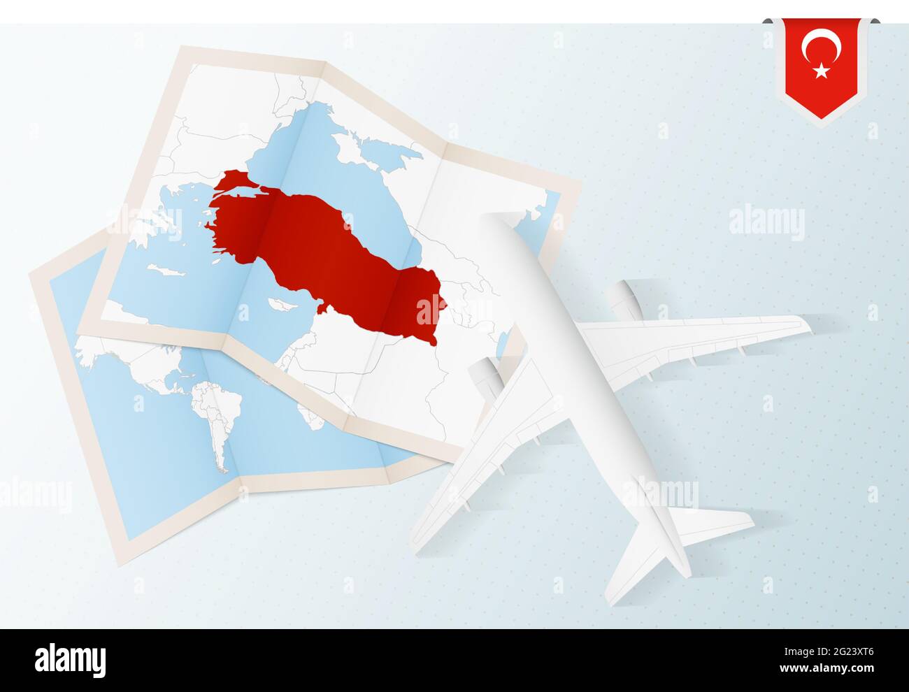 Travel to Turkey, top view airplane with map and flag of Turkey. Travel ...