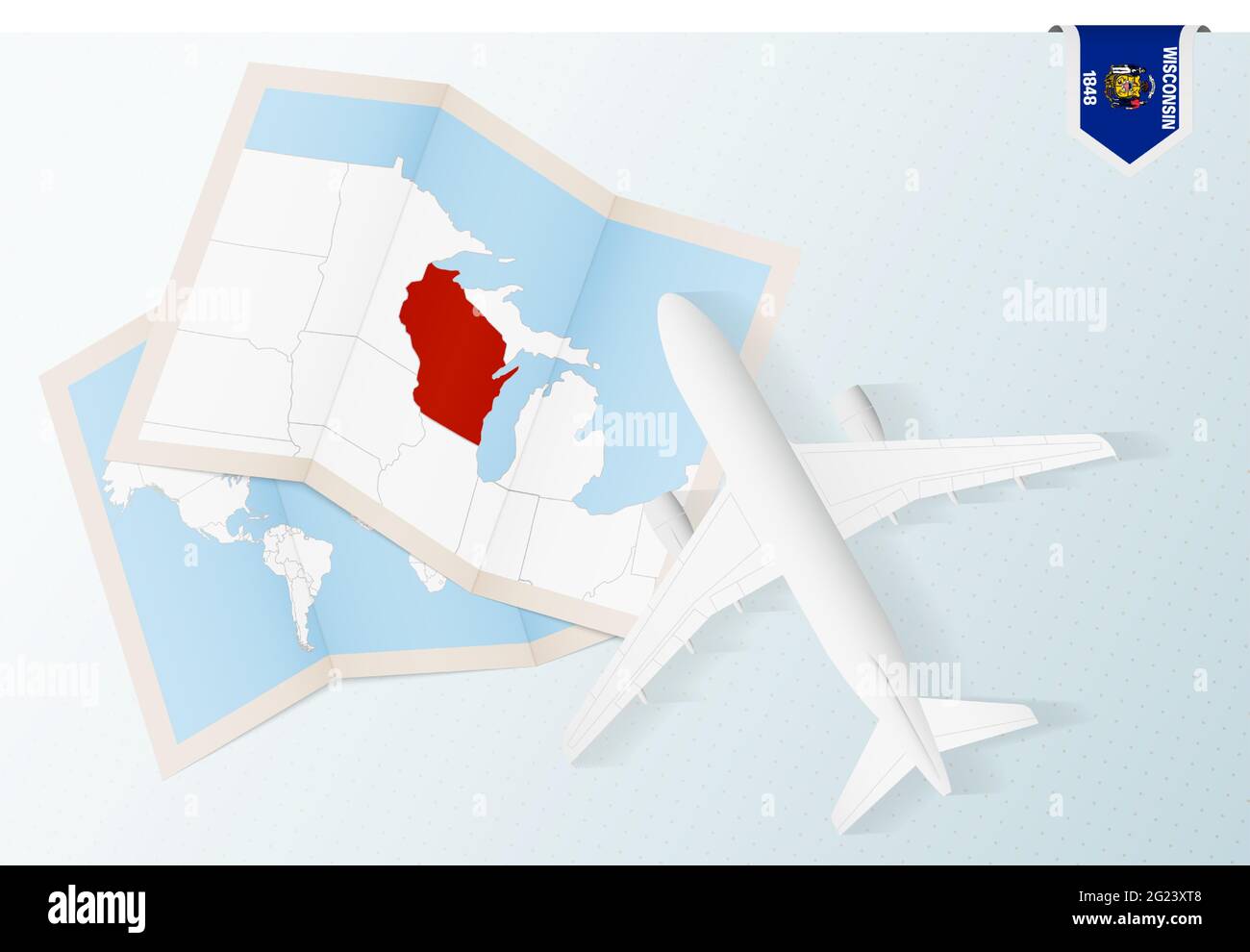 Travel to Wisconsin, top view airplane with map and flag of Wisconsin ...