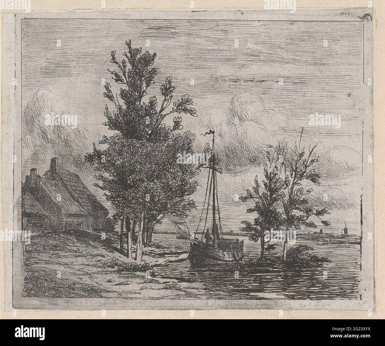 River landscape with sailing ship and farm Stock Photo - Alamy