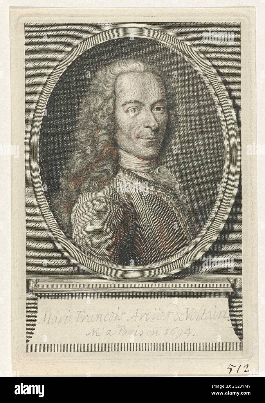 Portrait of Voltaire. Portrait bust in oval to the right of the French ...