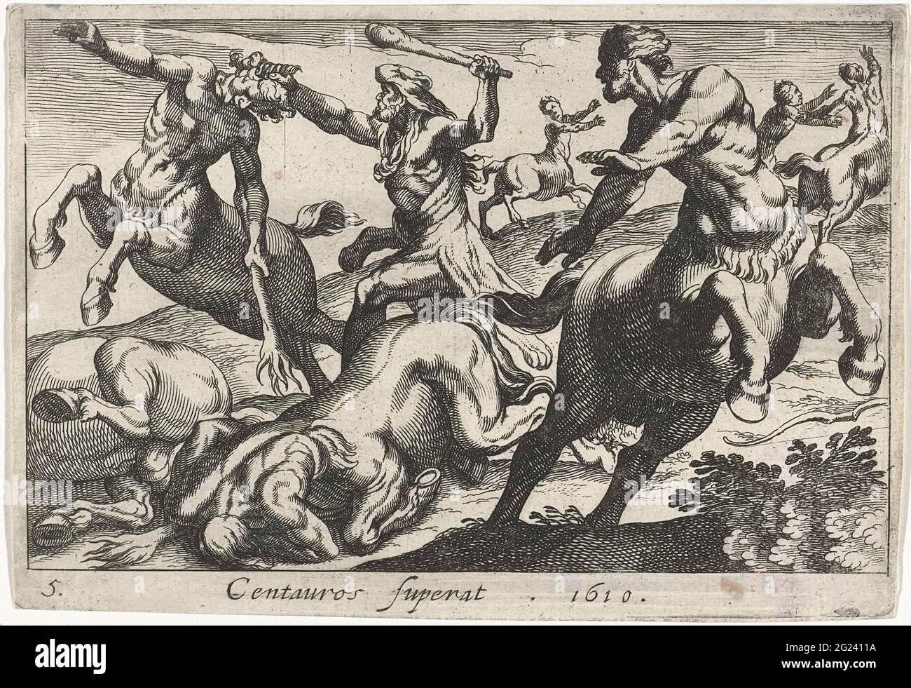 Hercules in battle with the centaurs; Centauros superat; Herculean ...