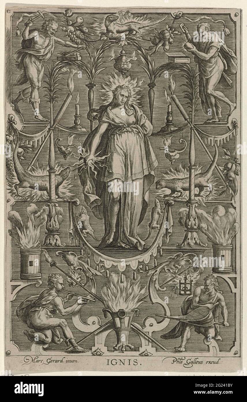 Fire; Ignis; The four elements. The personification of fire surrounded ...