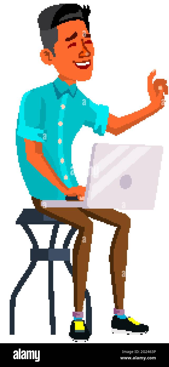 young guy with positive emotions laughing from funny picture on laptop ...