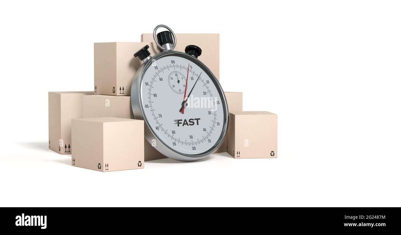 stopwatch placed in front of a cardboard box white background - 3D ...
