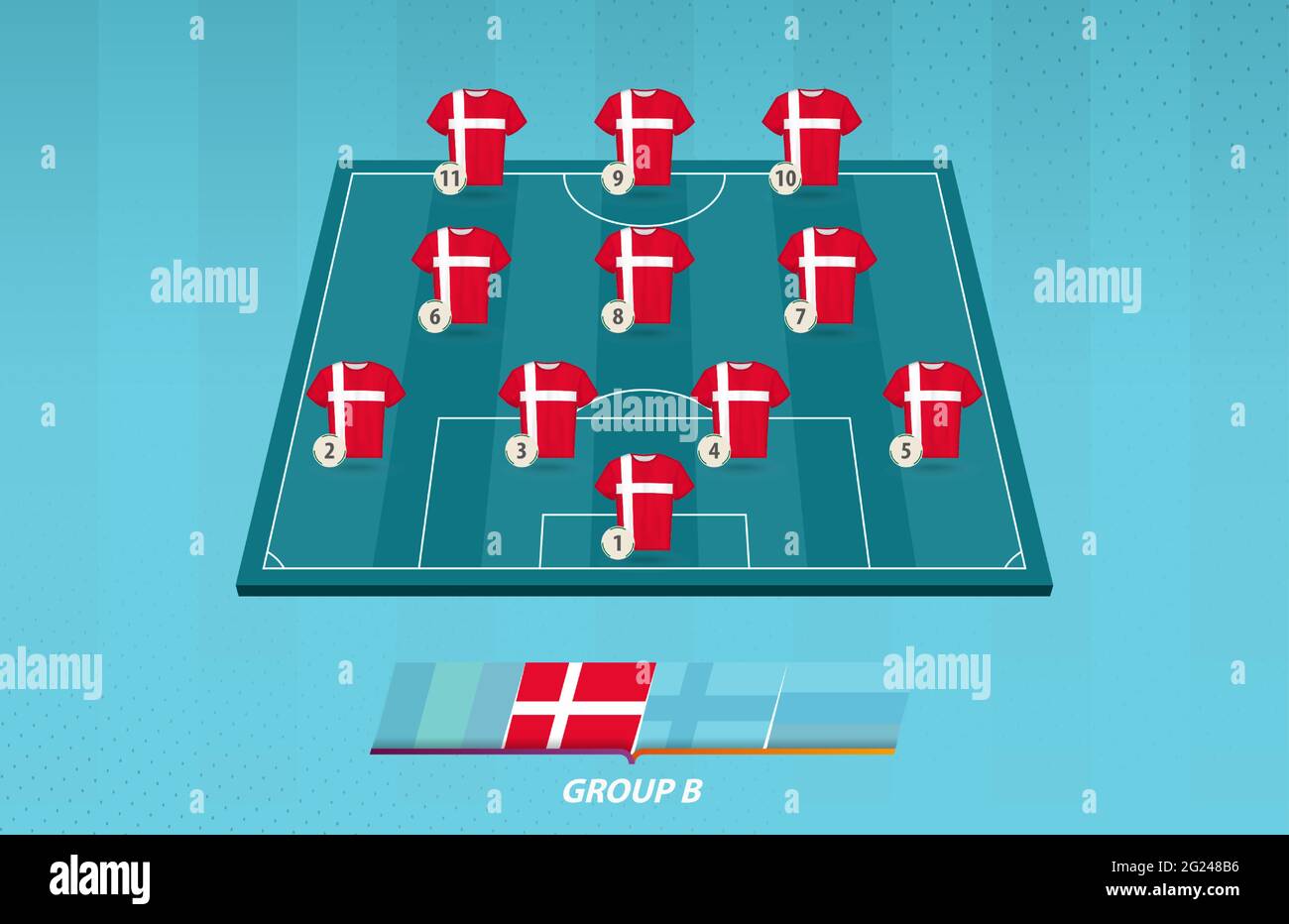 Football field with Denmark team lineup for European competition ...