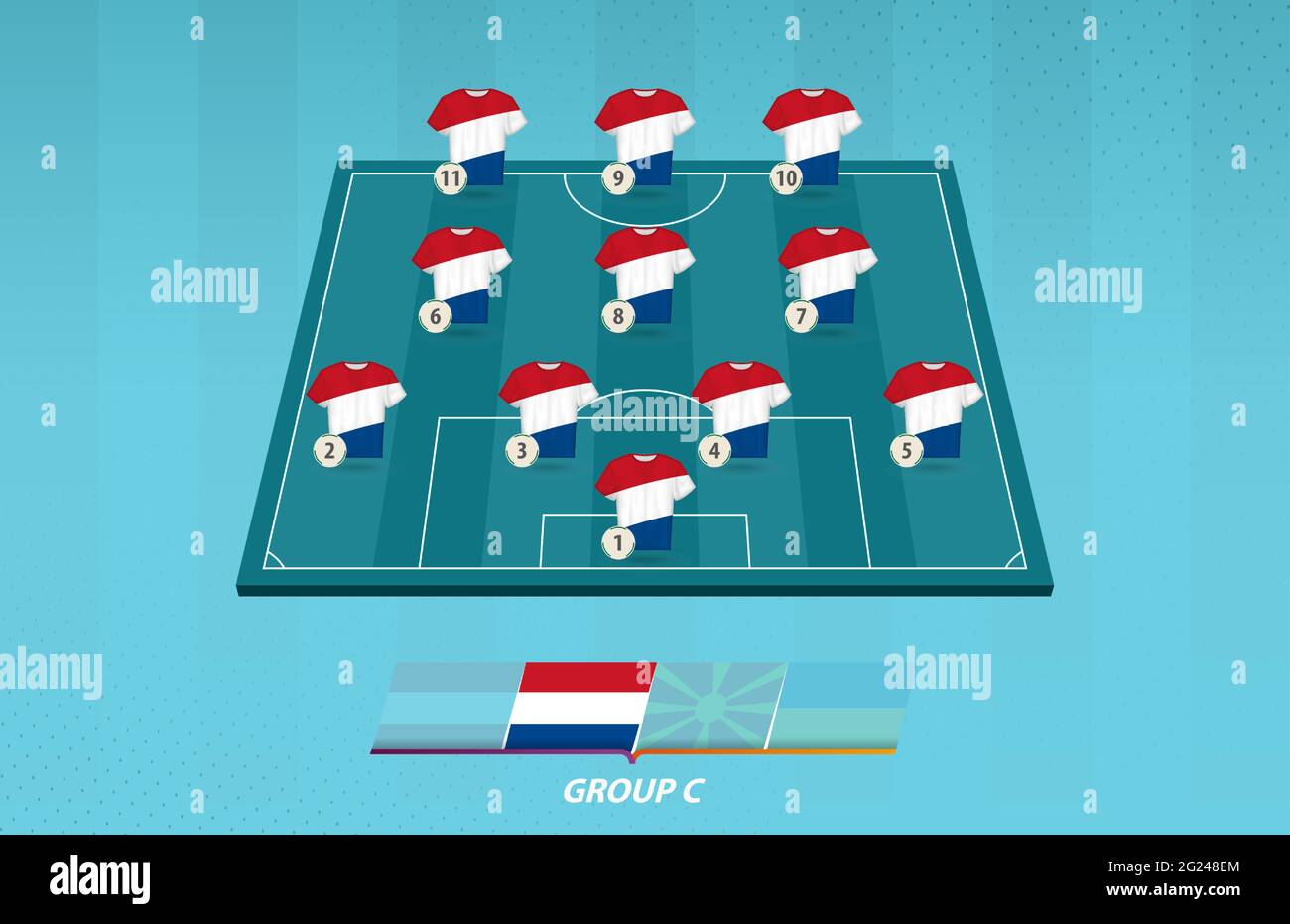 Football field with Netherlands team lineup for European competition ...