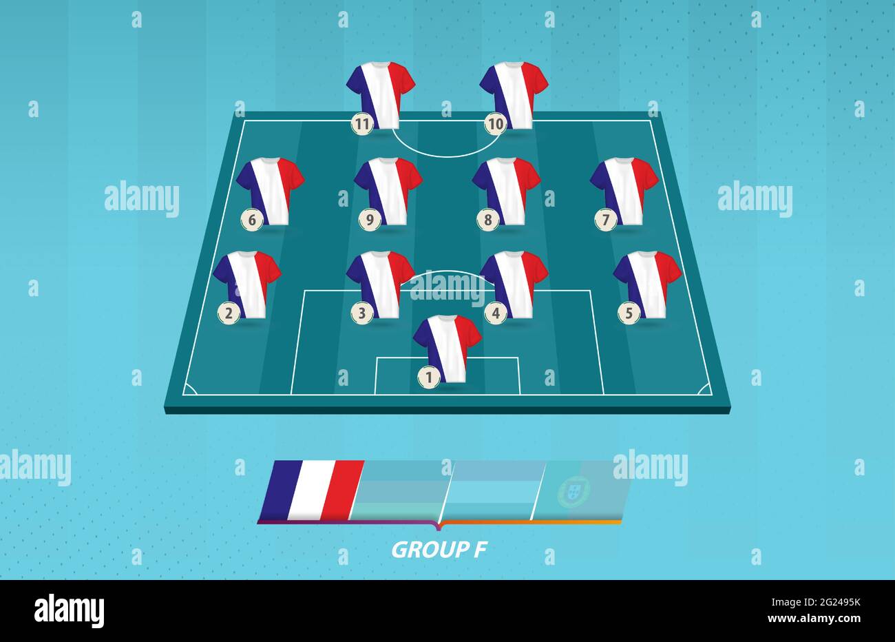Football field with France team lineup for European competition. Soccer ...