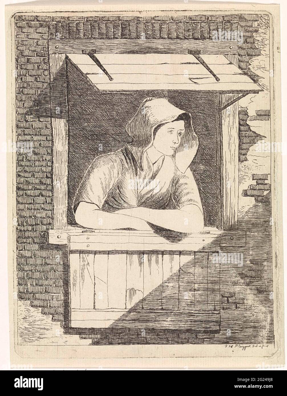 Woman at an open window. A woman with a hood on the head leans out of a ...