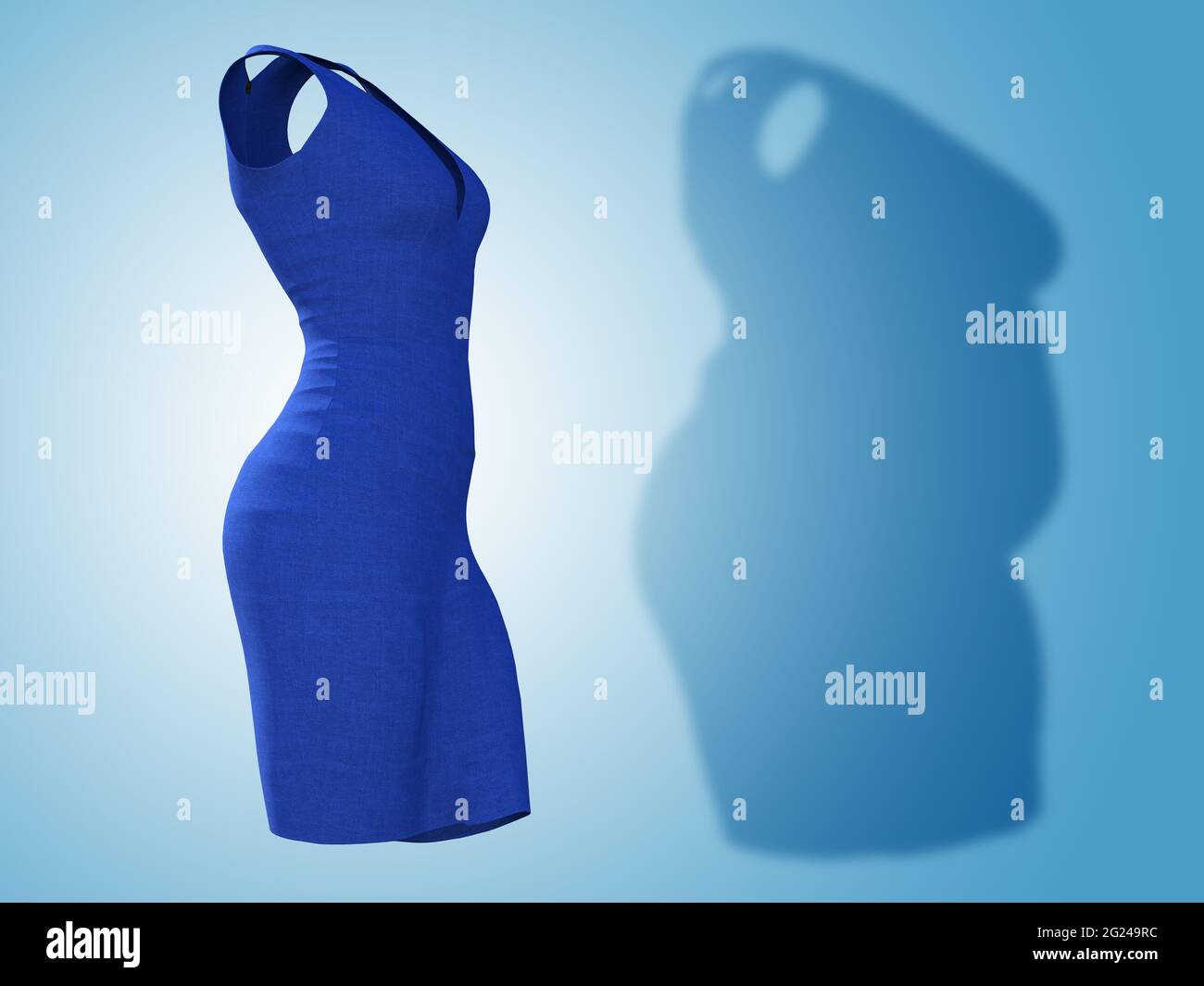 Conceptual fat overweight obese shadow female dress outfit vs slim fit ...